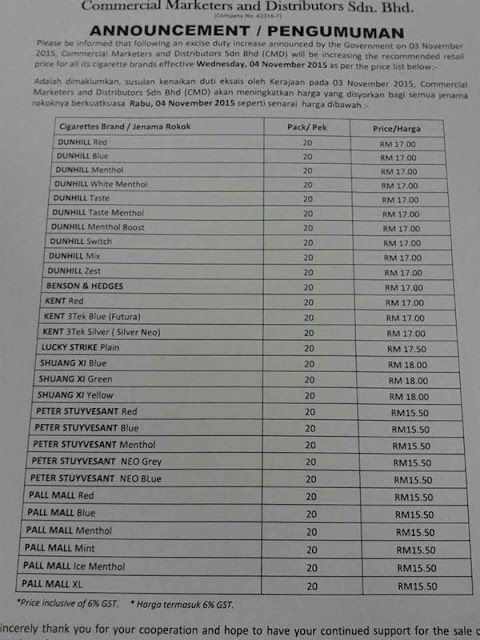 Ini Senarai Jenama Rokok Naik Harga Lagi Mulai 4 November 2015 ~ The Syok