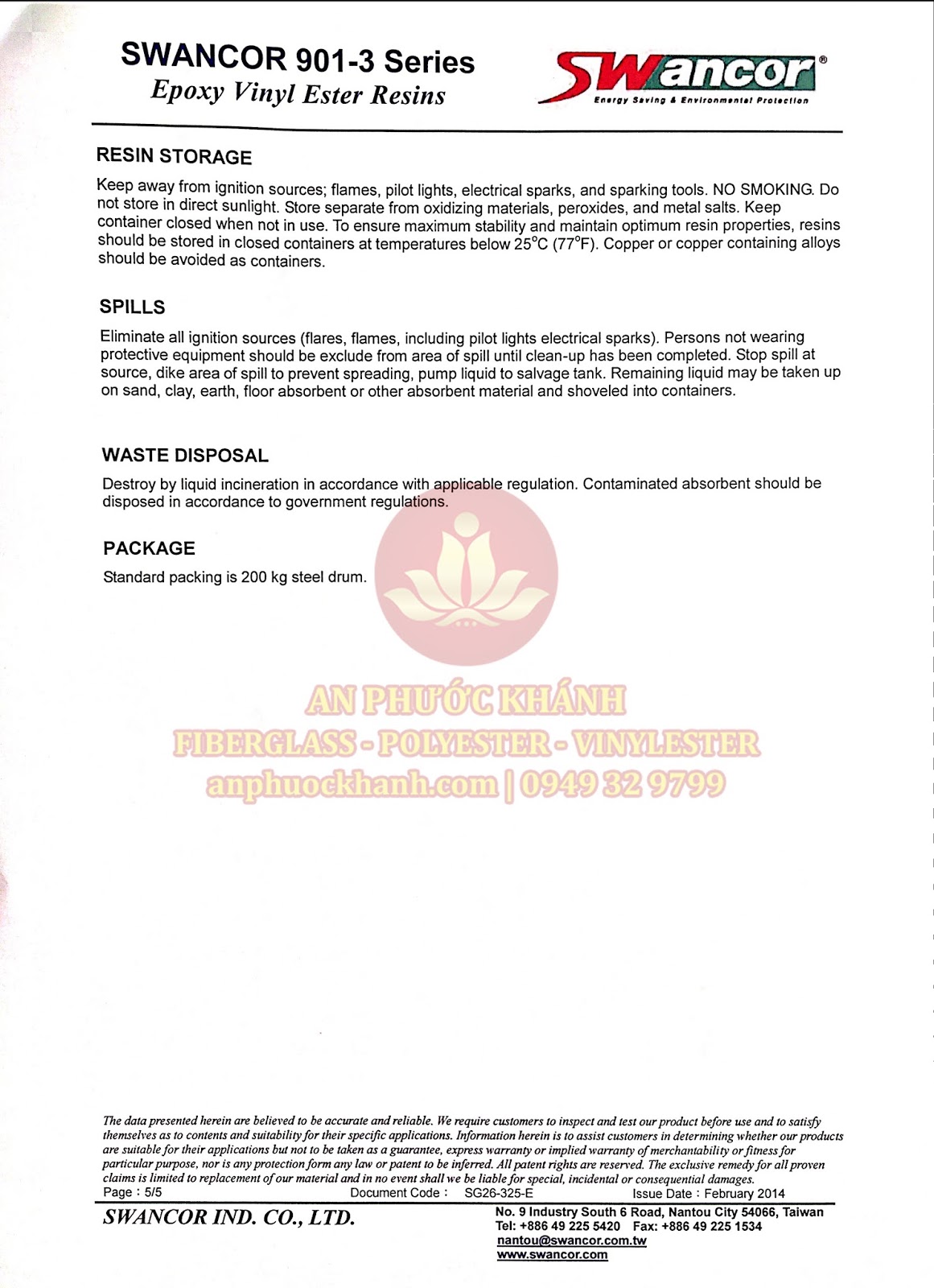 NHỰA EPOXY VINYL ESTER RESINS SWANCOR 901 (TAIWAN) - TƯ VẤN BỌC COMPOSITE FRP