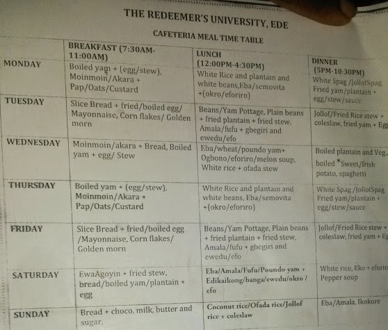 See the time table for students' meal at Redeemer university