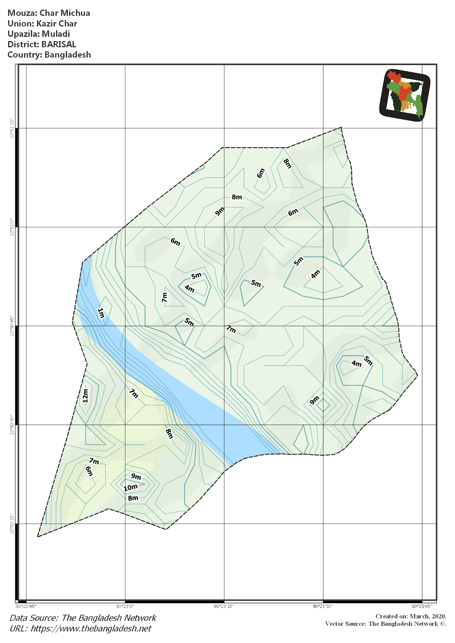 Map of Char Michua Mouza, Muladi, Barisal