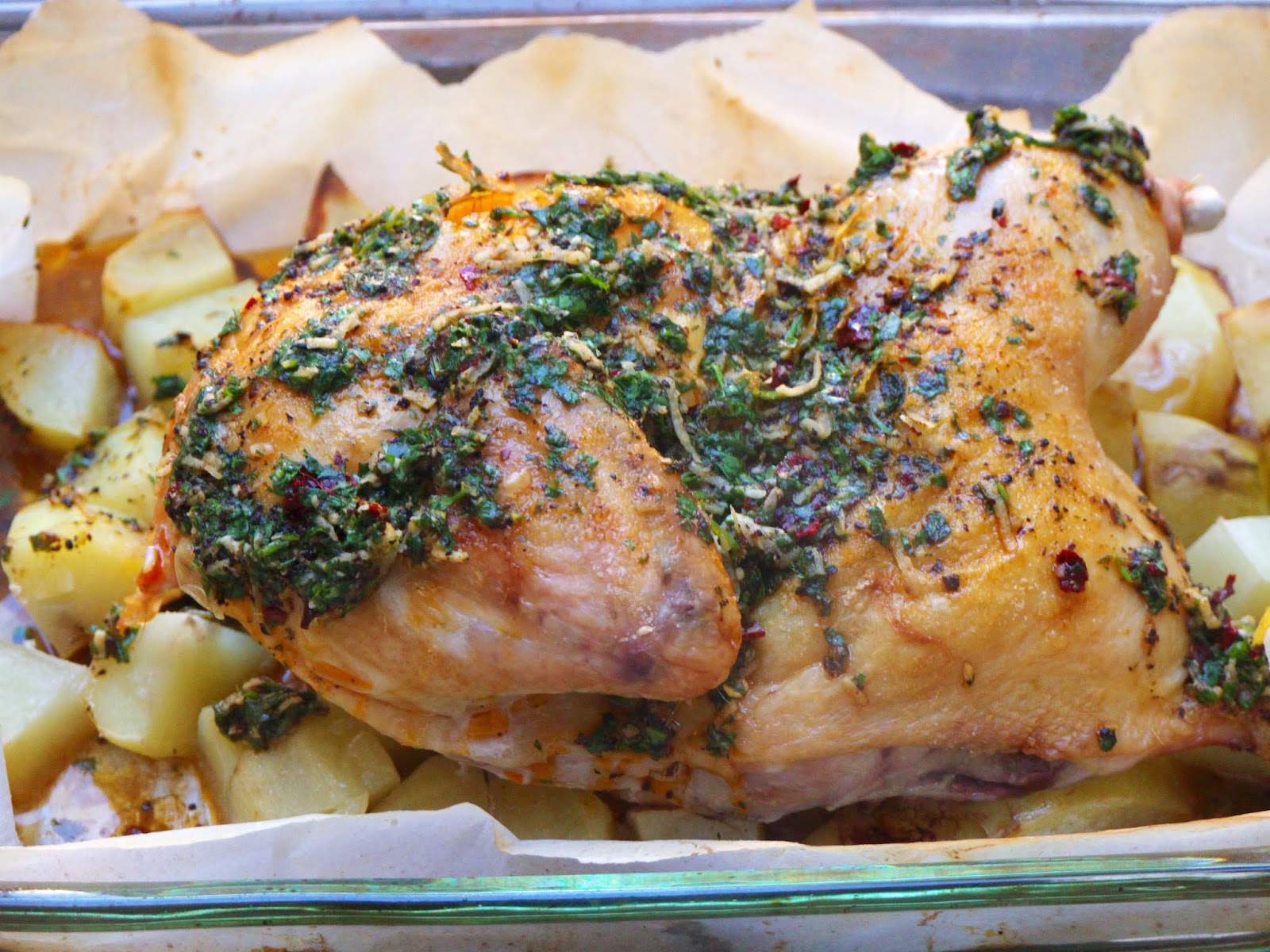 Lebanese roast chicken with lemon, garlic, and cilantro sauce