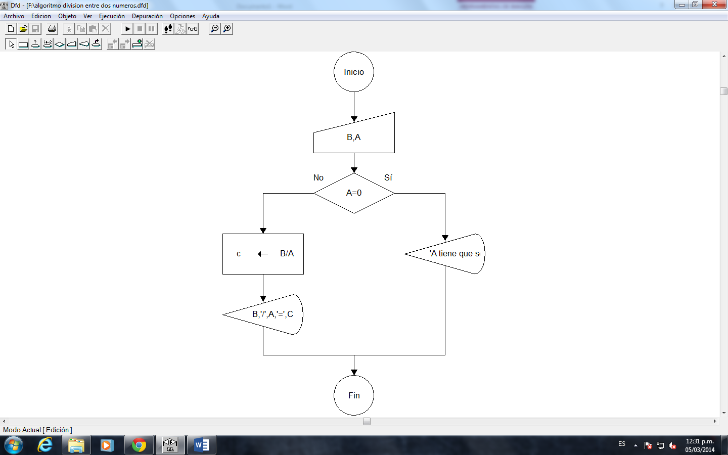 PROGRAMACION BASICA: DIAGRAMA DE FLUJO; DIVISION DE DOS NUMEROS EN DFD
