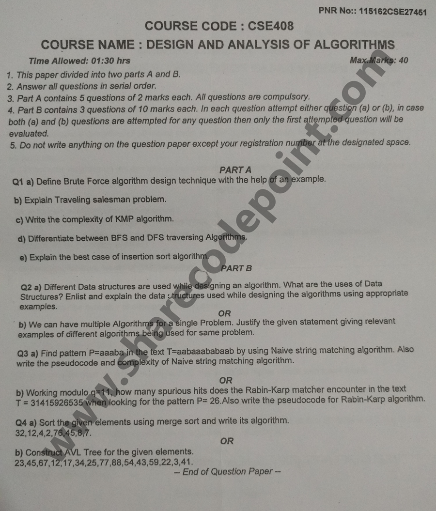 Cse408 Design And Analysis Of Algorithms Mid Term Exam Question Paper