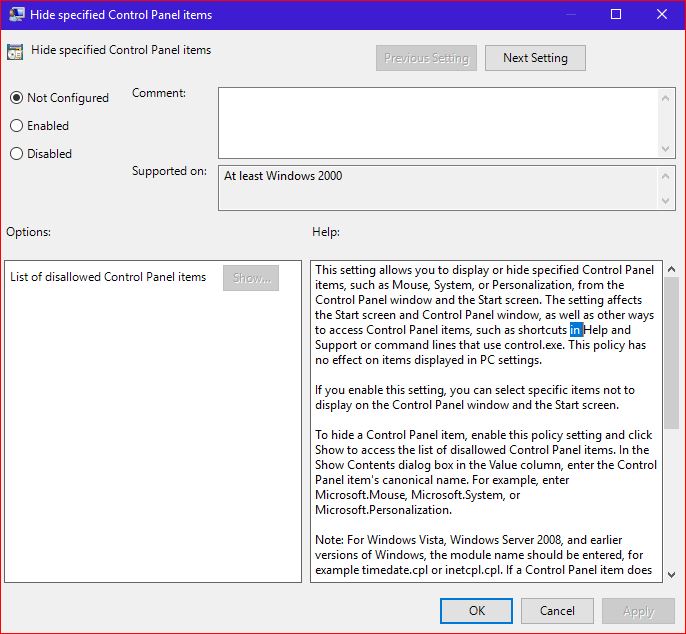 4)After click on hide specified control panel items you will see a new ...