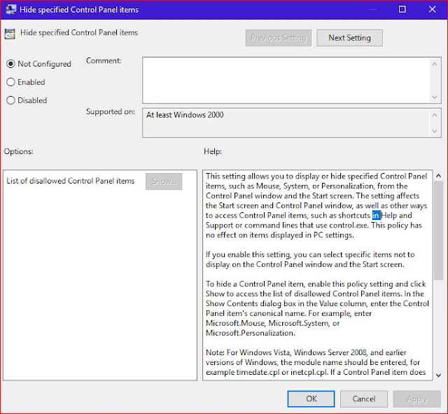 4)After click on hide specified control panel items you will see a new ...