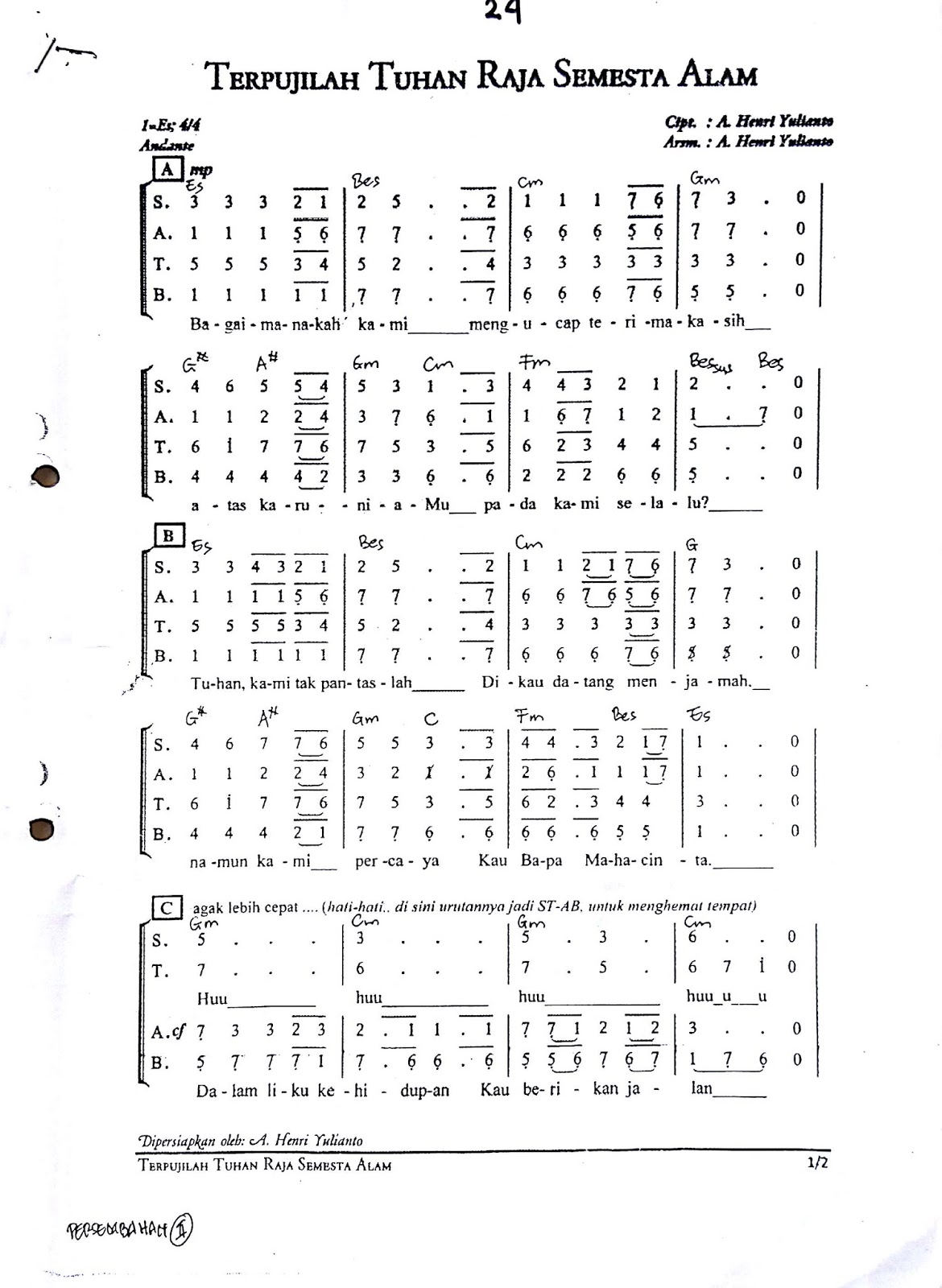 Terpujilah Tuhan Raja Semesta Alam - Partitur Lagu Rohani