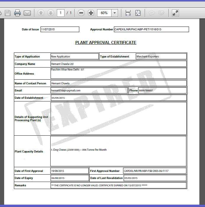 Capexil Certifications: Security Measures - Plant approval Certificate ...