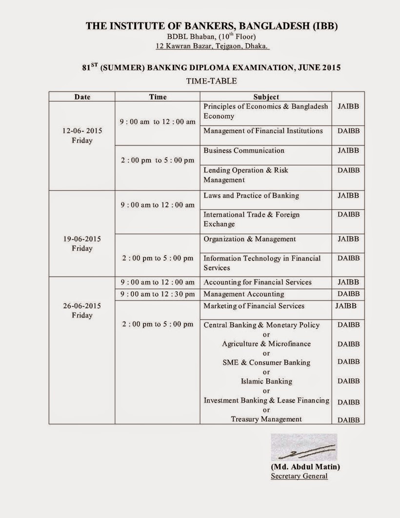 Exam Schedule 2015 - Banking Diploma Education