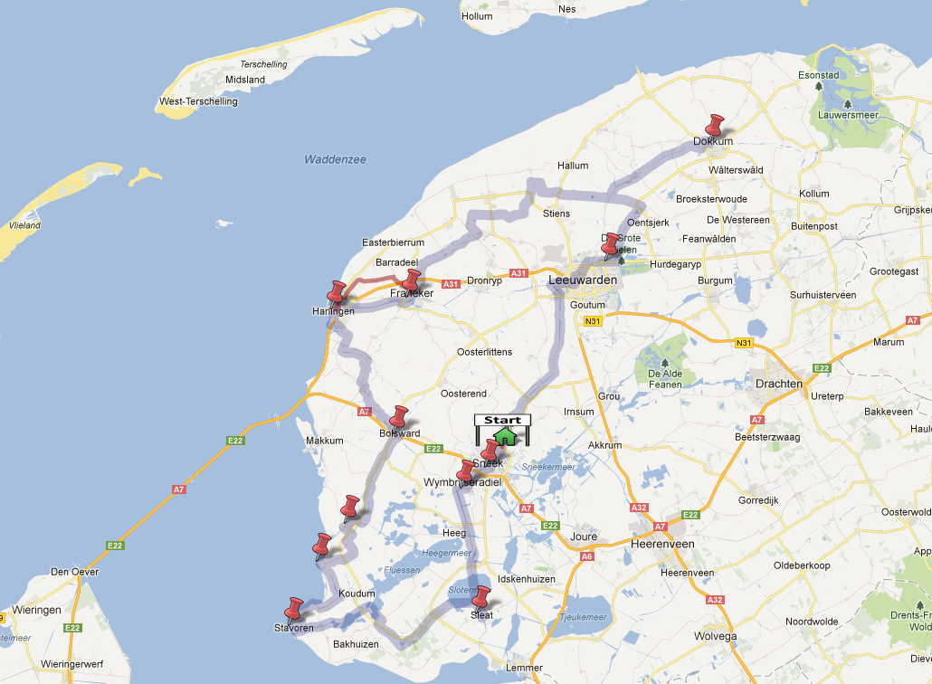 Elfstedentocht in een Valk: Route