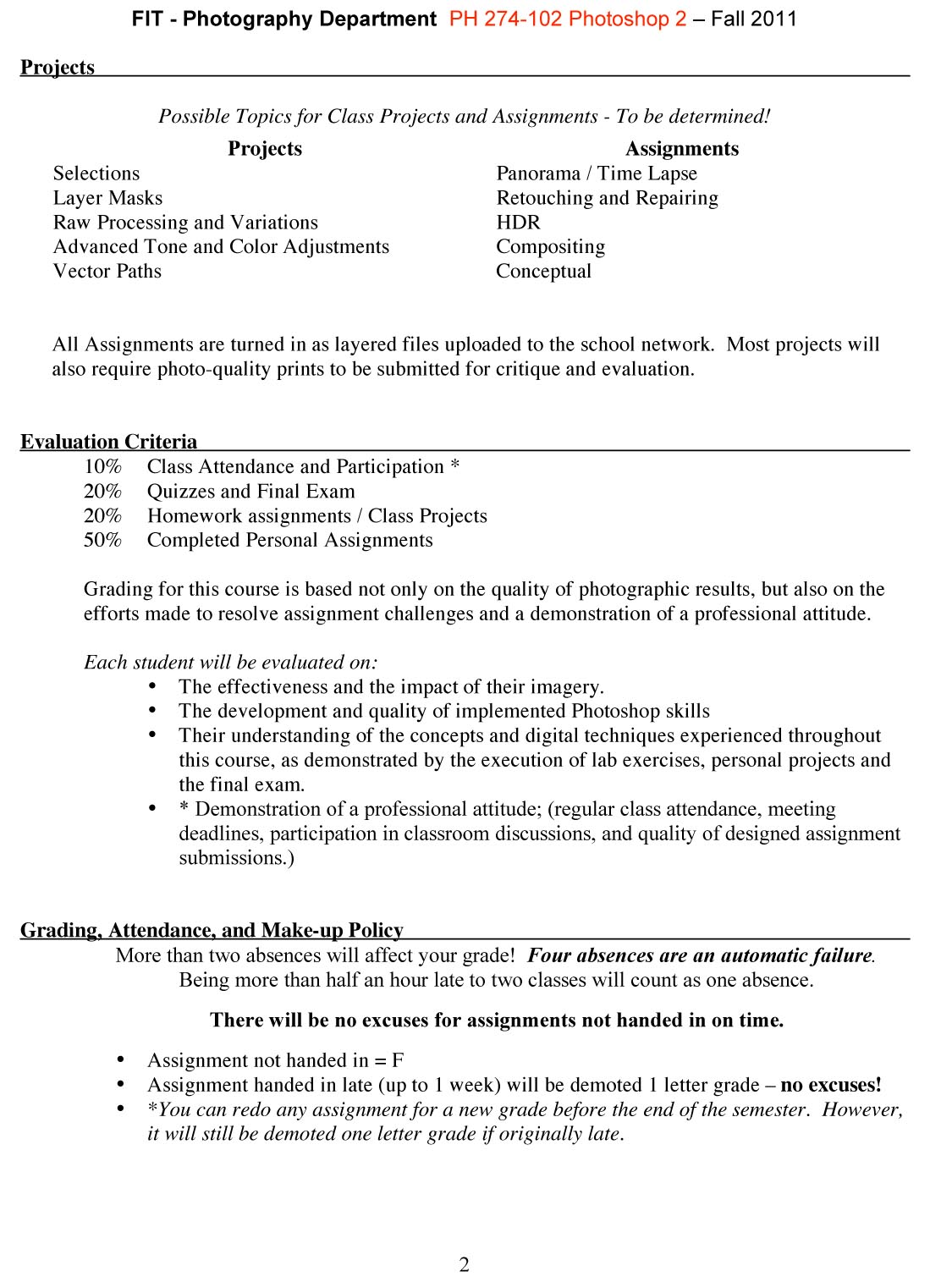 FIT 274 Photoshop 2: SYLLABUS: FIT 274-102 PS 2
