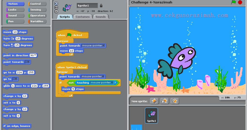 Jom belajar Scratch: Sprite bergerak ikut cursor ~ Cikgu Norazimah