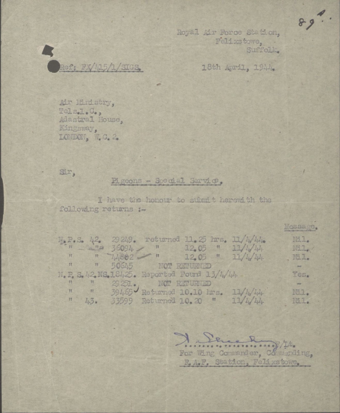 World War 2 History and the WW2 Pigeons: 1944 pigeon delivers coded message