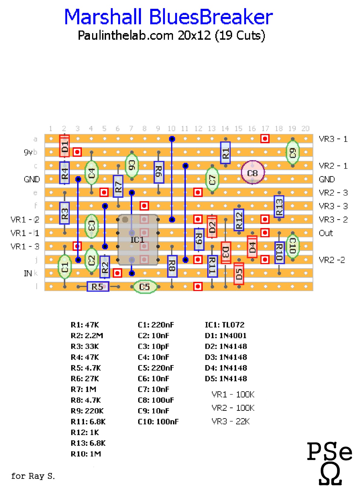 Paul In The Lab: Marshall Bluesbreaker Stripboard Veroboard Layout