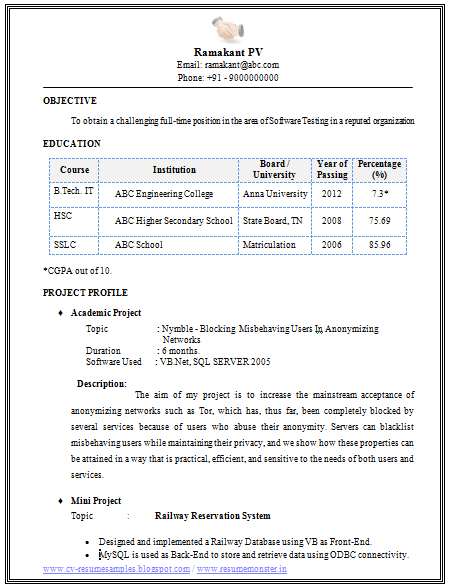 Over 10000 CV and Resume Samples with Free Download: CV Format For B Tech