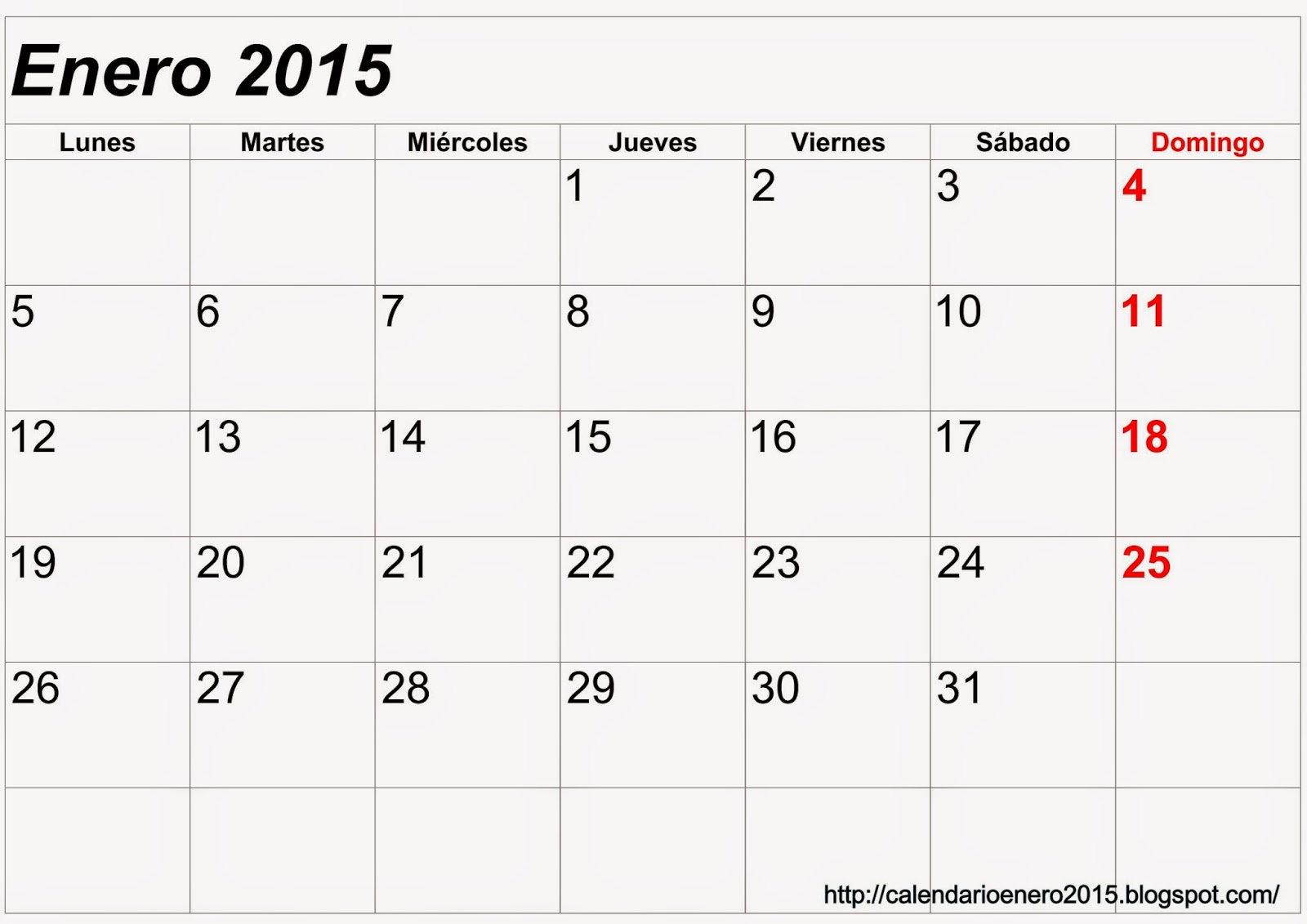 Calendario Enero 2015 en Excel - Calendario Para Imprimir Enero 2015 ...