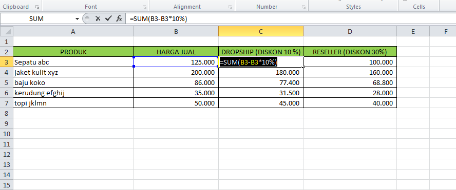 Cara Menggunakan Rumus Diskon di Excel | Aronesia