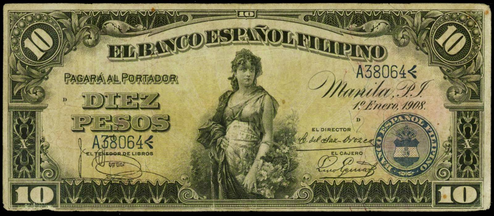 1908 US Philippines 10 Pesos Note, El Banco Espanol Filipino|World ...