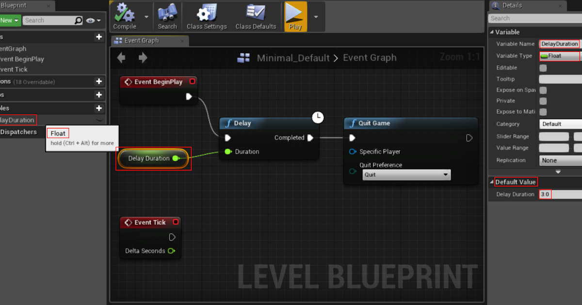 I touchs: Unreal: Level Blueprint > Variables