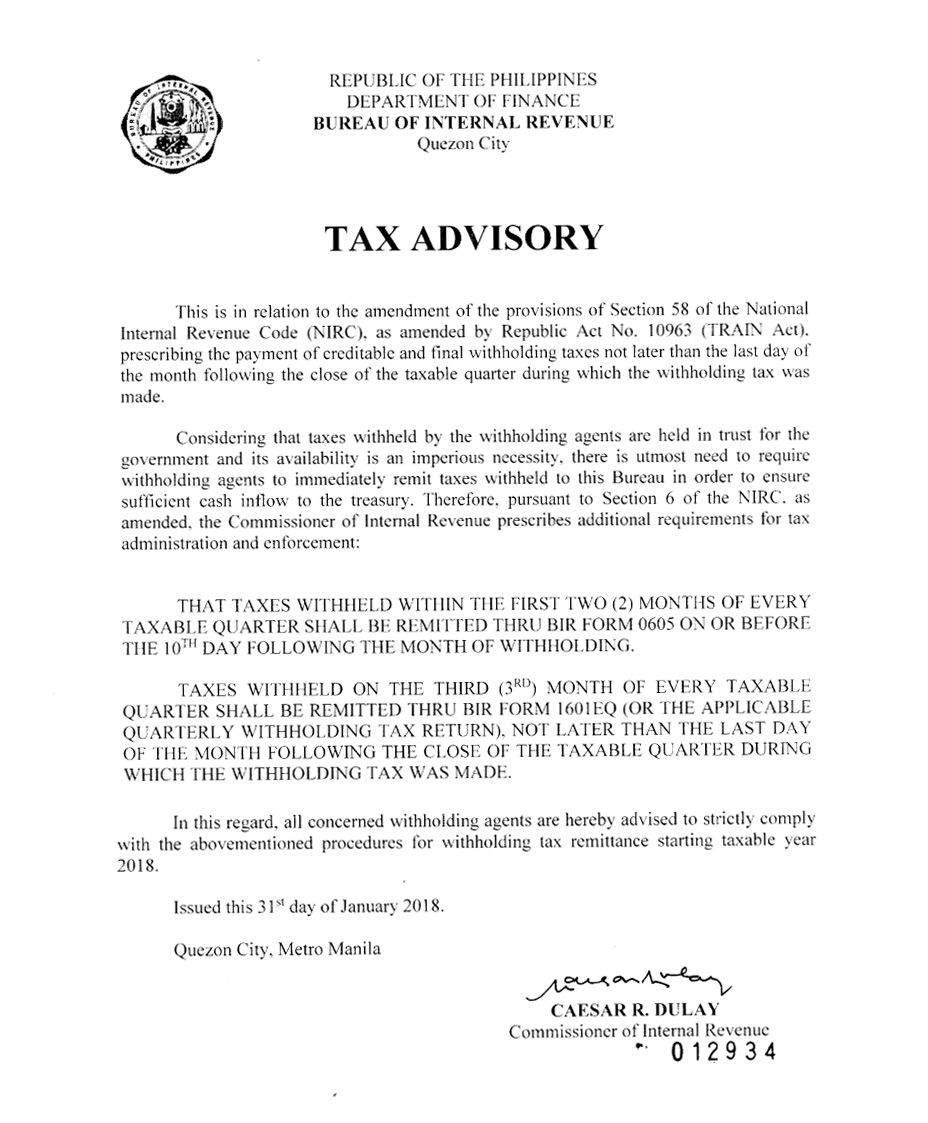 TAX ADVISORY: Deadline on Expanded Withholding Tax (BIR 1601E) is still ...