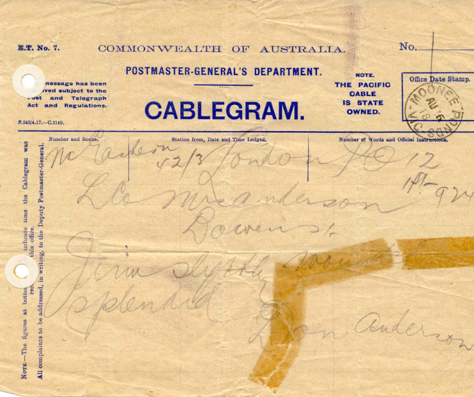 The Empire Called and I Answered: Cable for Mrs Anderson of Bowen St ...