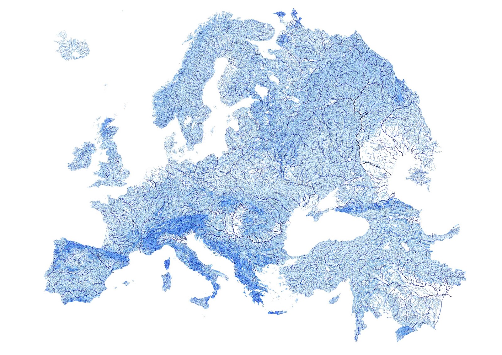 Europe plotted by every mapped stream & river - Vivid Maps