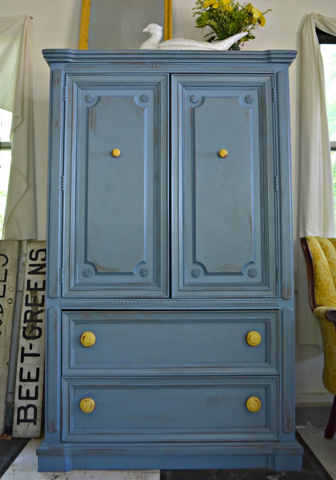 Heir and Space: A Vintage Armoire in French Blue and Mustard