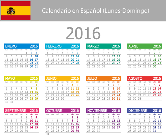 Calendario elemental 2016 en español - Vector | Vector Clipart