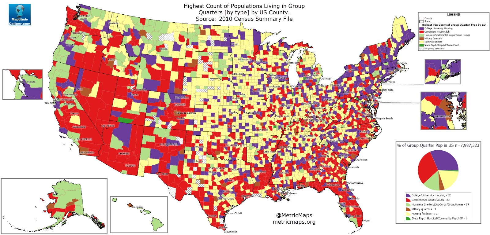 Highest count of population living in group quarters by U.S. county ...
