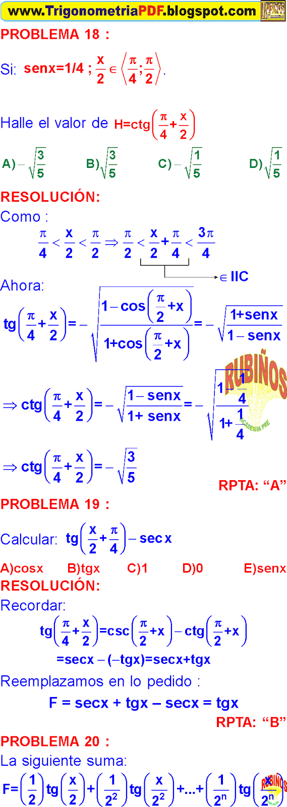 IDENTIDADES DEL ANGULO MITAD EJERCICIOS RESUELTOS DE TRIGONOMETRIA PDF