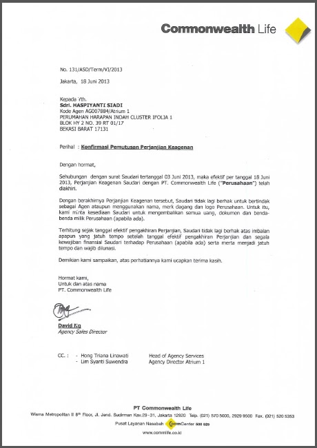 GOD is TRUE: SURAT TERMINASI dari COMMONWEALTH LIFE