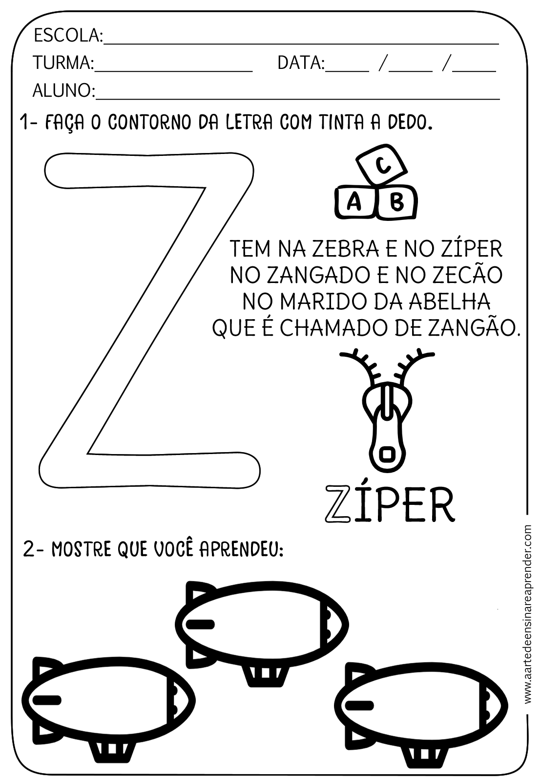 Atividade pronta - Alfabeto: Letra Z - A Arte de Ensinar e Aprender