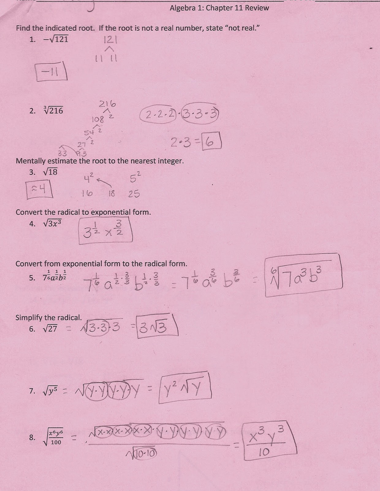 Algebra Alerts (Algebra 1 and 2): Alg 1: Chapter 11 Review Answers