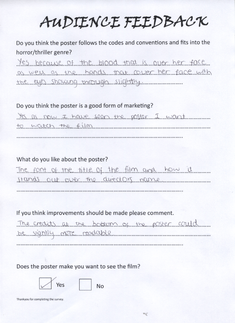 Harriet Harrison A2 Film Studies: Audience Feedback