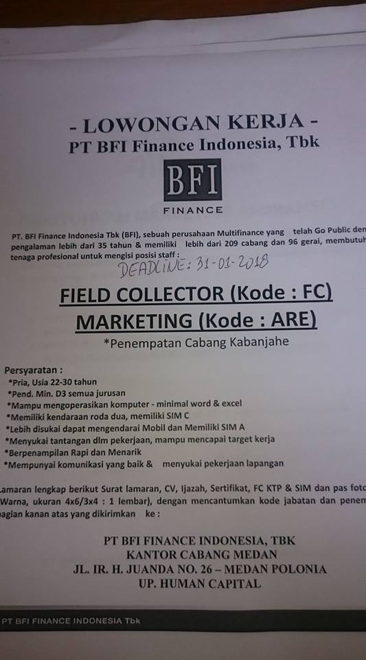 Lowongan Kerja BFI Finance Medaan - Lowongan Kerja Medan SMA D3 S1 ...