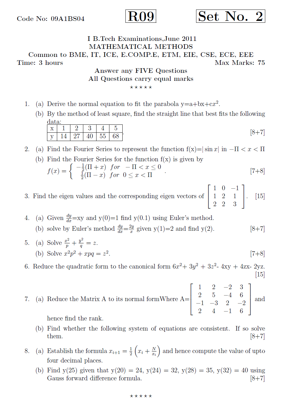JNTUK 09A1BS04 MATHEMATICAL METHODS 2011 Question Paper - University ...