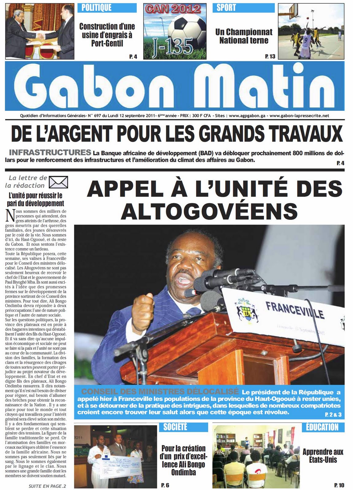 WE ARE PUBLISING THE GABONESE NEWSPAPER “GABON MATIN” OF MONDAY, 12 ...