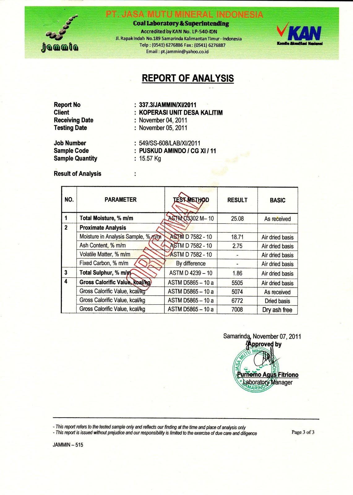 Pusat KUD Kalimantan Timur : Certificate Of Sampling And Analysis