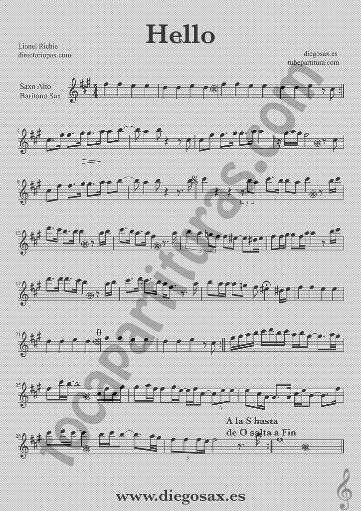 diegosax: Hello de Lionel Richie Partitura para Flauta, Violín, Saxofón ...