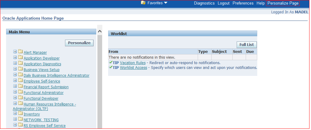 My Oracle Home How To Add A Link To Oracle Applications 121 Home Page Using Personalization