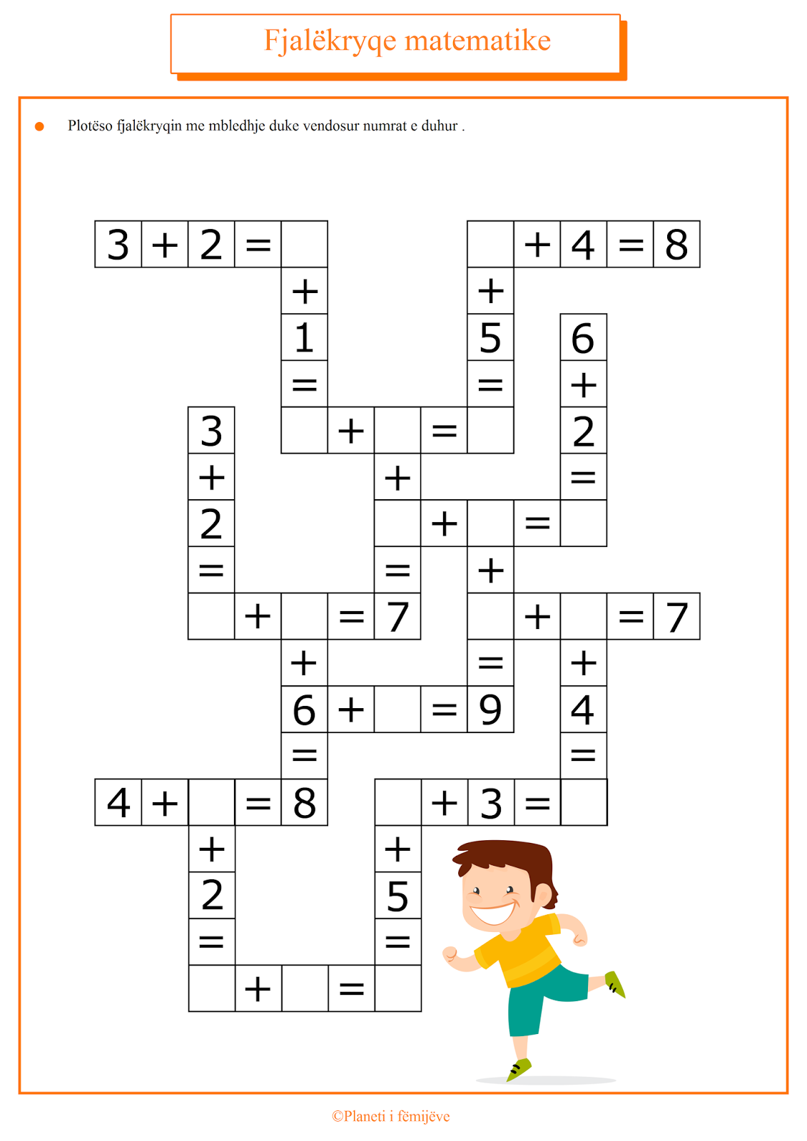 Planeti i femijeve: Fjalëkryqe matematike me mbledhje dhe zbritje