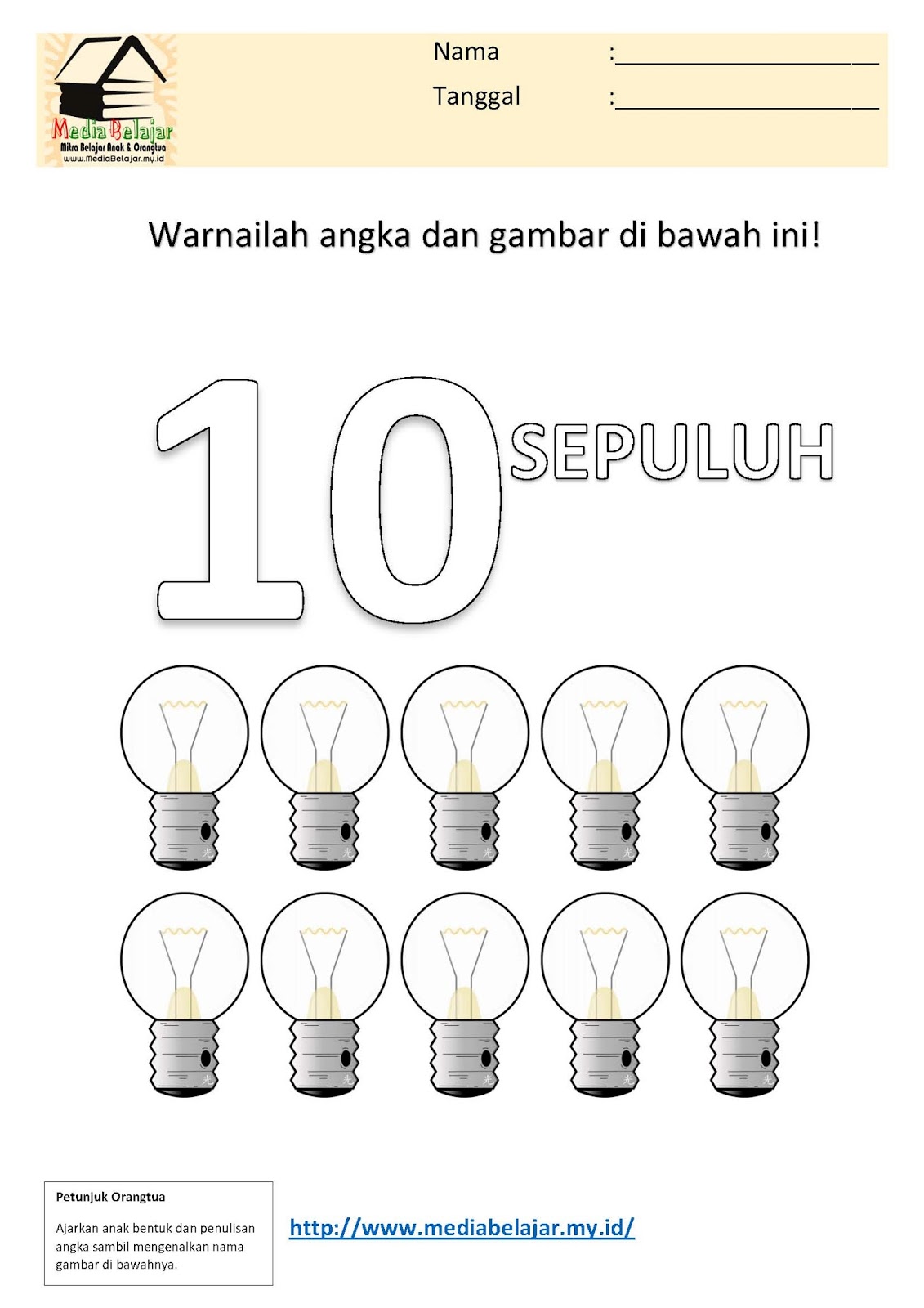 Mewarnai Angka 10 (sepuluh) dan Mewarnai Lampu