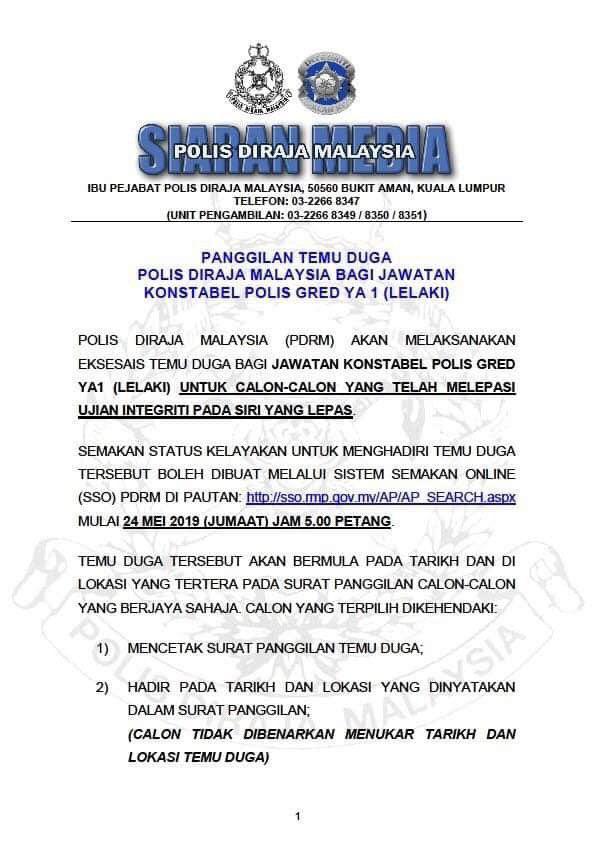 Panggilan Temu Duga Lisan PDRM Bagi Jawatan Konstabel Polis Gred YA1 ...