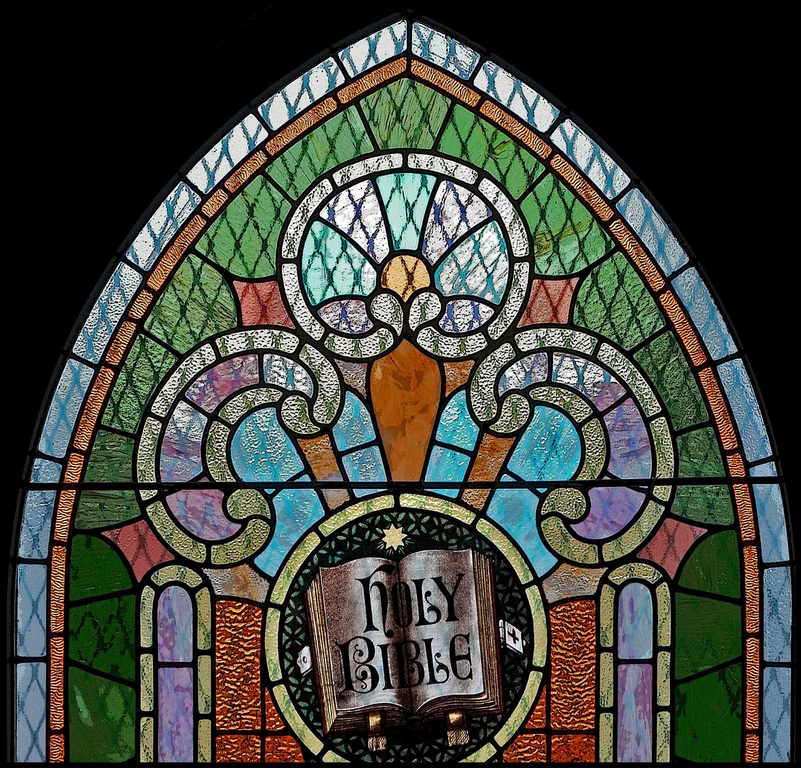 Cross Tipped Churches: Holy Bible in Stained Glass
