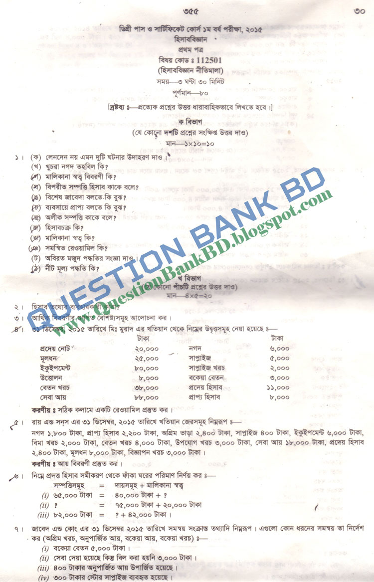 Question Bank BD: Degree 1st Year Exam-2015 Question | Accounting