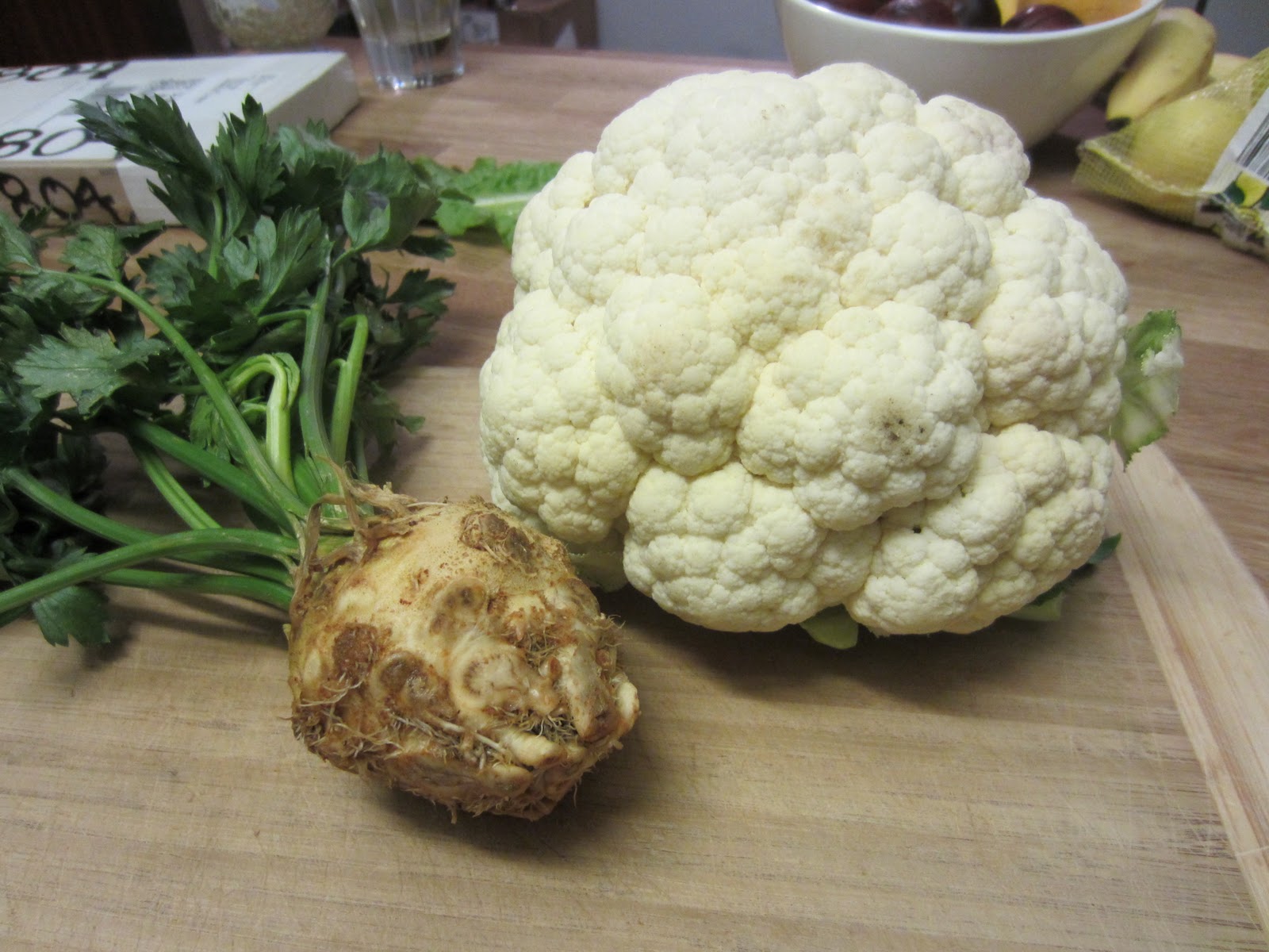 Bourbon and Bleu: cauliflower and celery root soup with kale chips