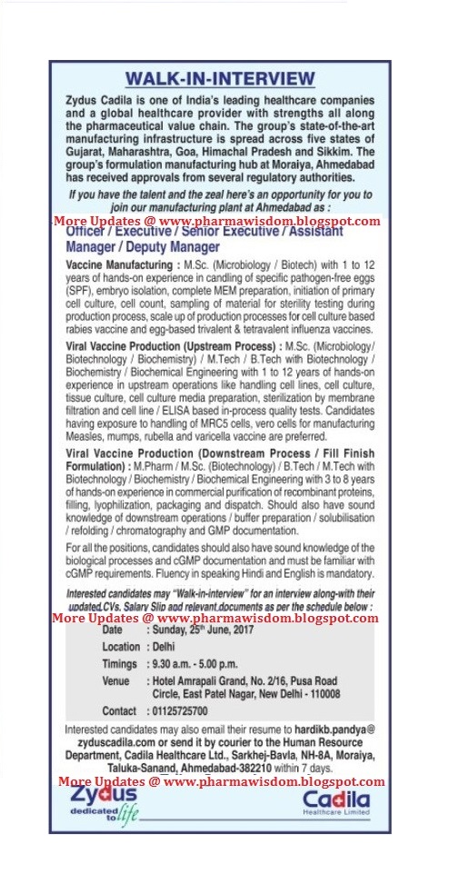 ZYDUS Cadila Healthcare Limited - Walk-In Interviews for Multiple ...