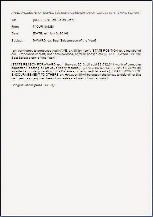 Employee Award Announcement Sample