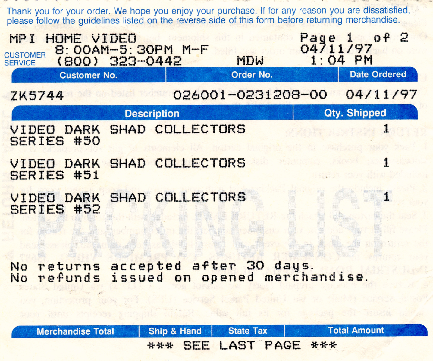 Dark Shadows: MPI Home Video Receipt (VHS Tapes)