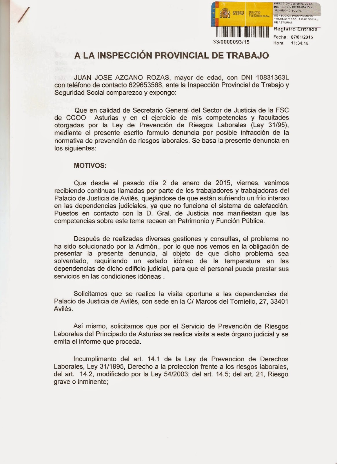CCOO de Justicia - Asturias: CCOO PRESENTA DENUNCIA ANTE LA INSPECCIÓN ... CCOO de Justicia - Asturias: CCOO PRESENTA DENUNCIA ANTE LA INSPECCIÓN ...