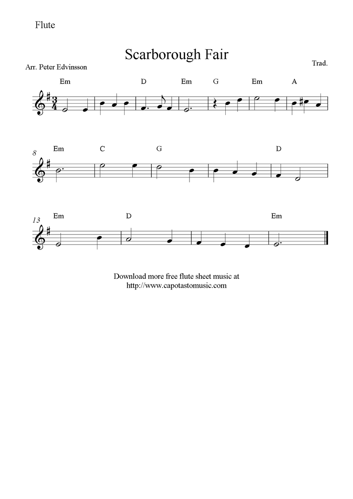 Easy Sheet Music For Beginners: Scarborough Fair, free flute sheet ...